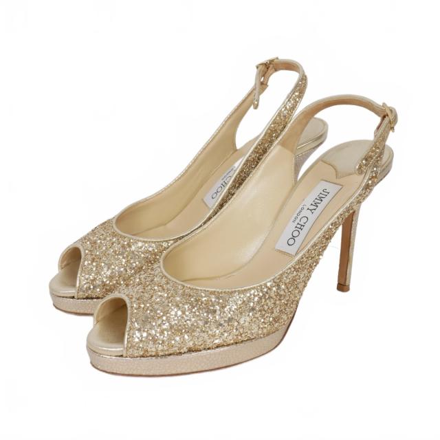 【中古】ジミーチュウ JIMMY CHOO オープントゥ グリッター ヒール サンダル ラメ 37.5 ゴールド レディース