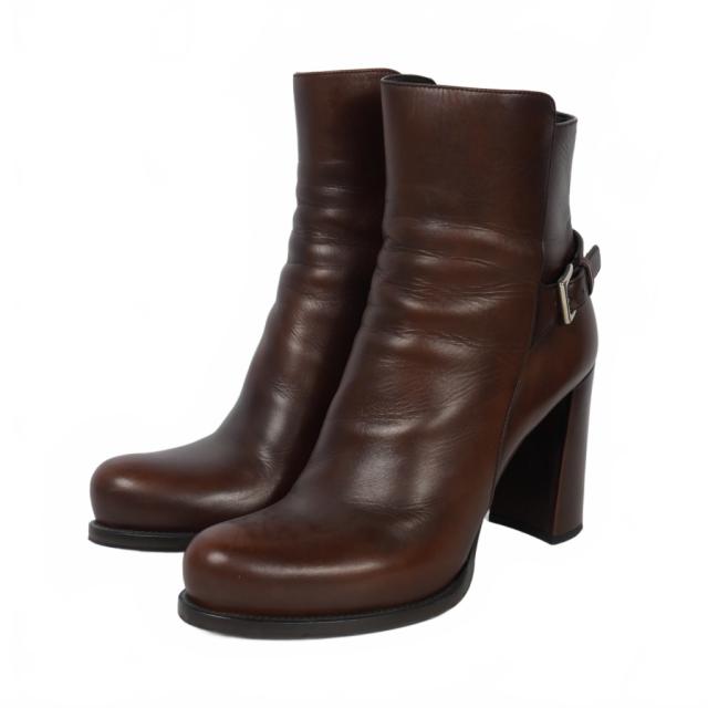 【中古】プラダ PRADA サイドジップ レザー ショートブーツ ベルト 37.5 茶 ブラウン レディース