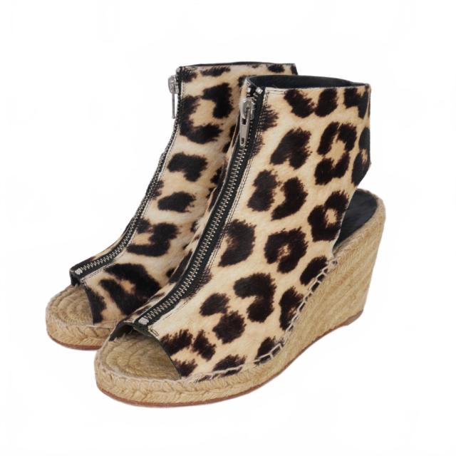 【中古】セリーヌ CELINE ハラコ ジュートソール ウェッジ サンダル レオパード柄 センタージップ 36 ベージュ