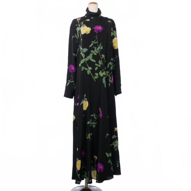 【中古】ドリスヴァンノッテン DRIES VAN NOTEN 19AW フローラル ハイネック ロング ワンピース ドレス 花柄 36 黒