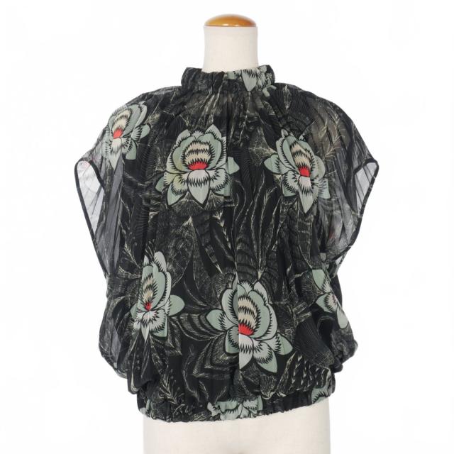 【中古】ドリスヴァンノッテン DRIES VAN NOTEN 花柄プリント プリーツブラウス ノースリーブ 38 黒 ブラック