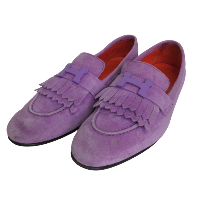 【中古】エルメス HERMES モカシン ロワイヤル タッセル ローファー Hロゴ バイカラー スエード パープル オレンジ 37
