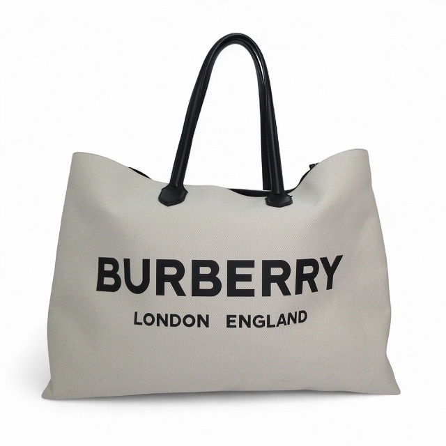【中古】バーバリー BURBERRY ロゴディールコットンブレンド トートバッグ ホワイト×ブラック キャンバス×レザー
