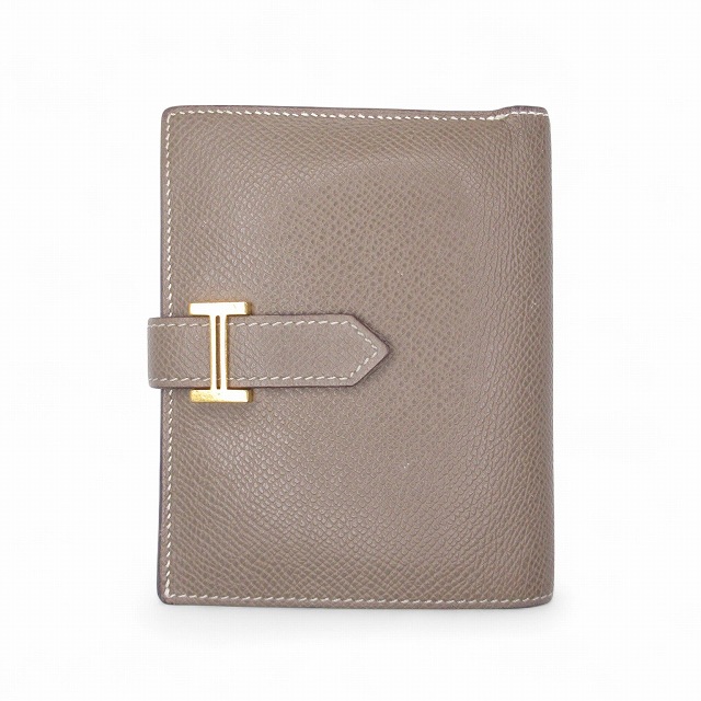 【中古】エルメス HERMES  ベアンコンパクト エトゥープ ゴールド金具　ヴォーエプソン Y刻印 箱・袋付 レディース