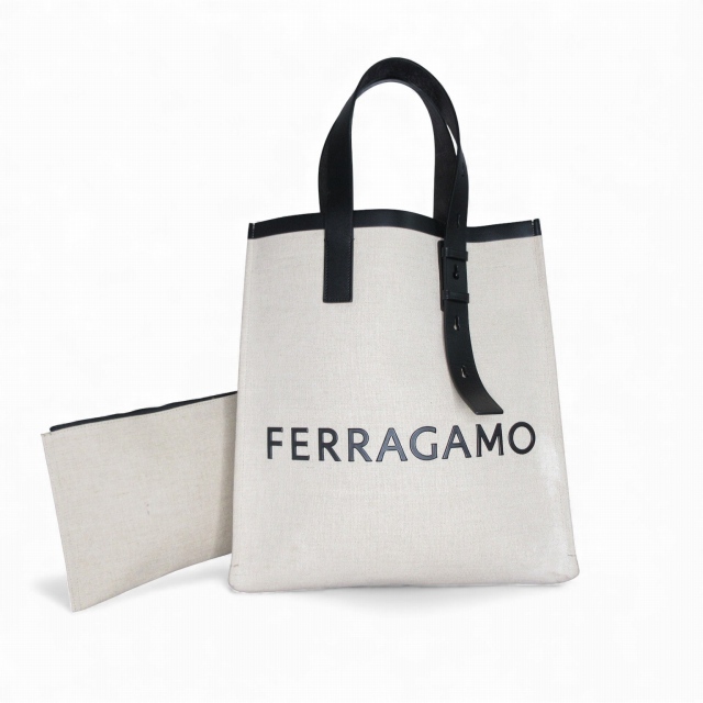 【中古】サルヴァトーレフェラガモ Salvatore Ferragamo トートバッグ キャンバス レザー ロゴ アイボリー ブラック E11240125198