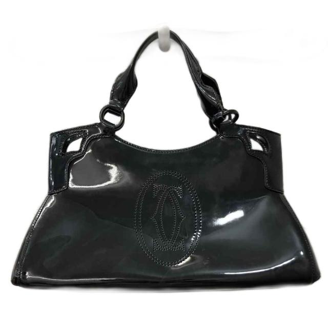 【中古】カルティエ Cartier マルチェロ ハンドバッグ エナメル ロゴ パテントレザー 黒 ブラック  レディース