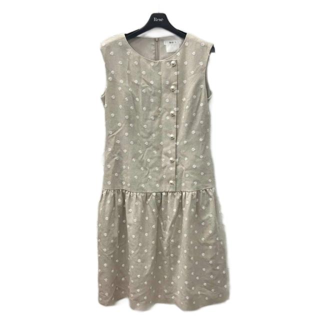 【中古】ルネ ワンピース ノースリーブ ミモレ ロング ドット柄 ビジュー フェイクパール 麻 リネン混 34 S