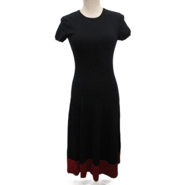 【中古】ラルフローレン 美品 ニットワンピース 半袖 マキシ ロング ウール M 黒 ブラック 赤 レッド SO-RL-KA-2002
