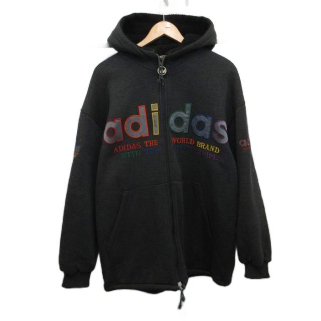 【中古】アディダス 90s ヴィンテージ 古着 ジップアップジャケット フード パーカー ロゴ刺繍 デサント製 L