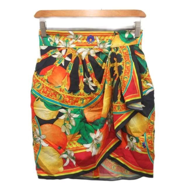 【中古】未使用品 DOLCE&GABBANA タグ付き フレアスカート ひざ丈 総柄 フルーツ柄 絹 シルク100% 38 M