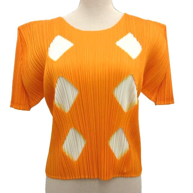 【中古】プリーツプリーズ 美品 カットソー 半袖 トップス ブラウス ダイヤカット 変形 パワーショルダー 4 XL