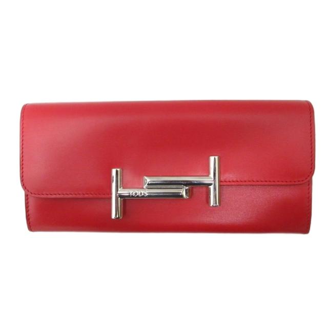 【中古】トッズ TOD'S 美品 長財布 ロングウォレット ダブルT ロゴ金具 フラップ 小銭入れ レザー 赤 レッド
