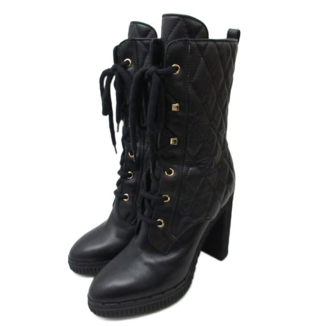 【中古】トッズ 美品 ブーツ ハイヒール チャンキーヒール キルティングレザー レースアップ ジップアップ 35 22cm