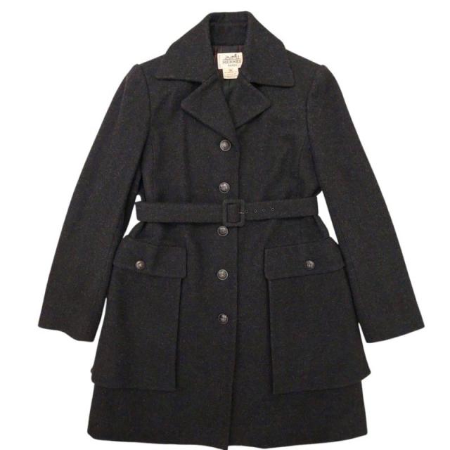 【中古】エルメス HERMES ヴィンテージ 90s ベルテッド ウールコート シングル ロゴボタン ロング 38 黒 ブラック /VU□ 0429 レディース