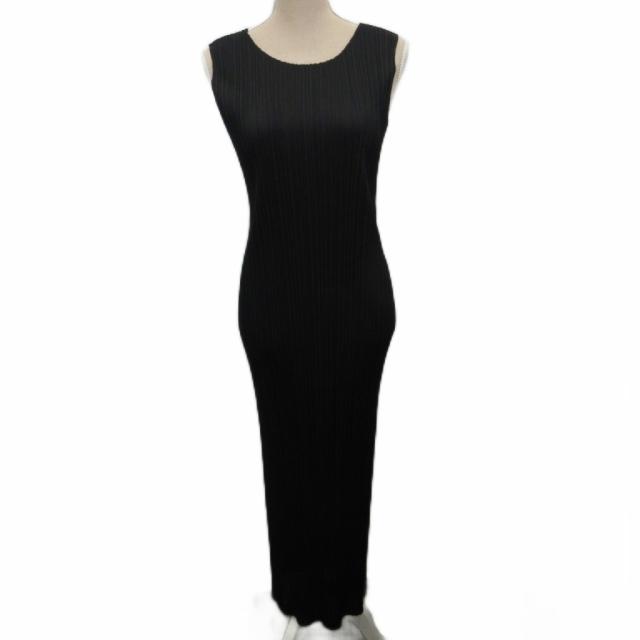 【中古】プリーツプリーズ PLEATS PLEASE 美品 BASICS プリーツワンピース マキシ ロング ノースリーブ 3 L 黒