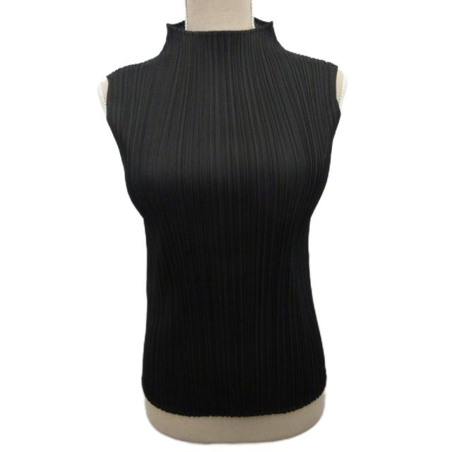 【中古】プリーツプリーズ PLEATS PLEASE 美品 BASICS プリーツカットソー ノースリーブ モックネック 3 L 黒