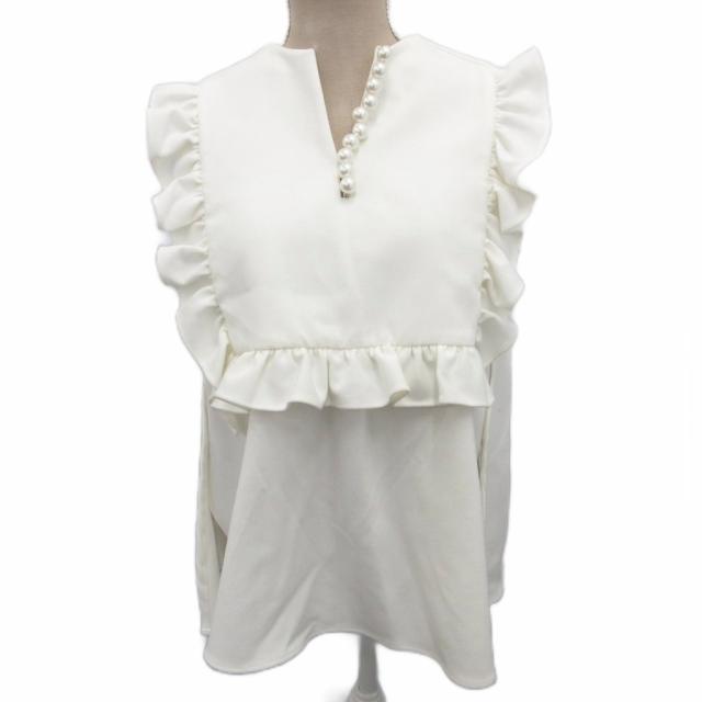 【中古】ヨーコチャン 23年製 ブラウス チュニック ノースリーブ ビジュー フェイクパール フリル 36 白 ホワイト