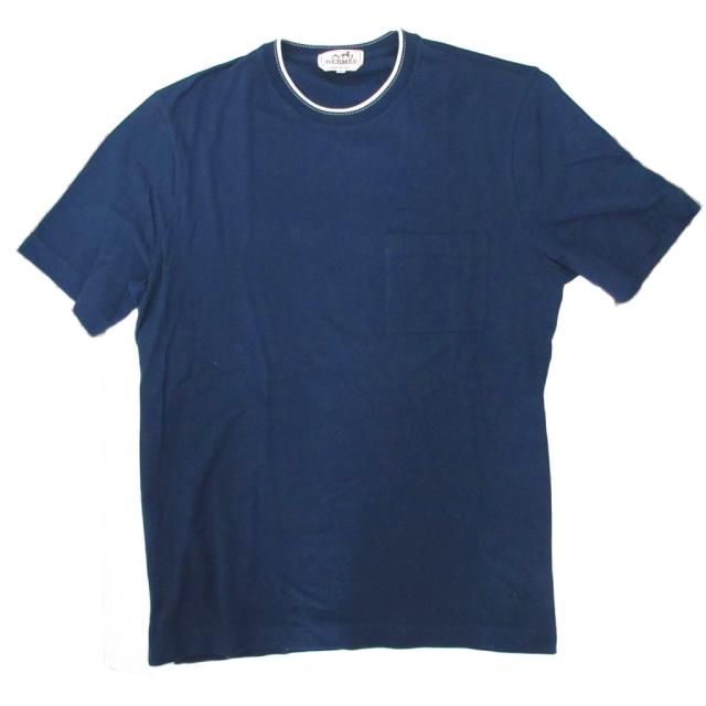 【中古】エルメス HERMES サドルステッチTシャツ カットソー 半袖 Hロゴ ロゴ刺繍 クルーネック 無地 コットン L 紺