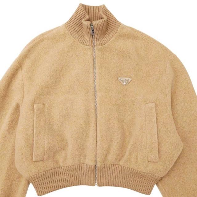【中古】プラダ PRADA 美品 カシミヤ フリースジップジャケット ブルゾン 切替 リブ 三角ロゴプレート S 茶