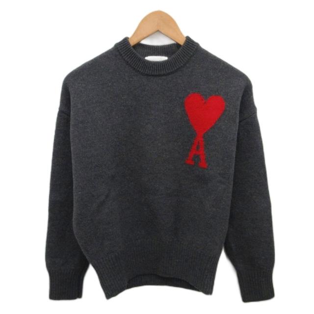【中古】アミ アレクサンドル マテュッシ ニット セーター 長袖 ハートロゴ クルーネック ウール XS ダークグレー