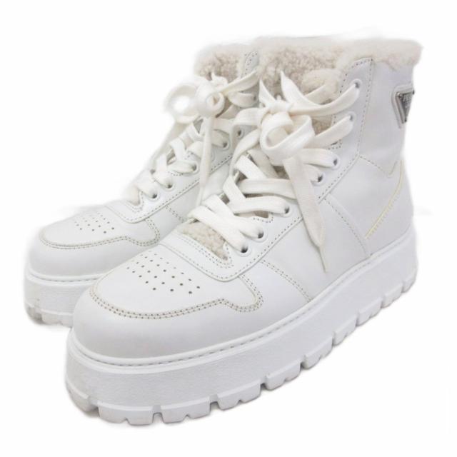 【中古】プラダ ブーツ レザースニーカー シューズ 靴 ハイカット ボア ムートン 三角ロゴ チャンキー 38 25cm