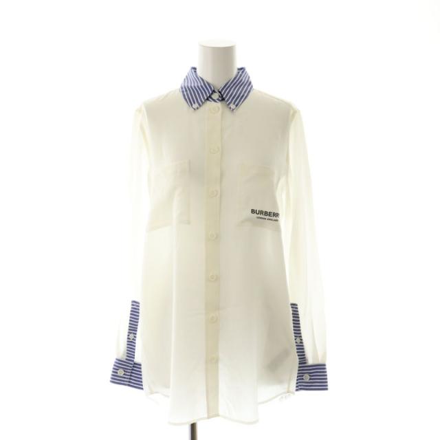 【中古】バーバリー シルク ポケットロゴ シャツ ボタンダウン 長袖 US2 ナチュラルホワイト 青 8071331 レディース