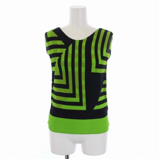 【中古】ミーイッセイミヤケ me ISSEY MIYAKE 20SS シフテッド カットソー ノースリーブ 総柄 黒 緑 MI01FR872