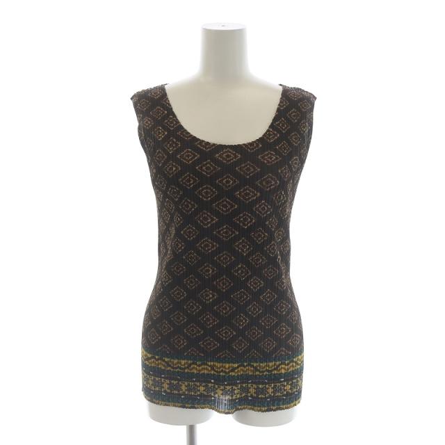 【中古】PLEATS PLEASE イッセイミヤケ カットソー Uネック プルオーバー ノースリーブ 柄切替 プリーツ 3 L 茶 黄