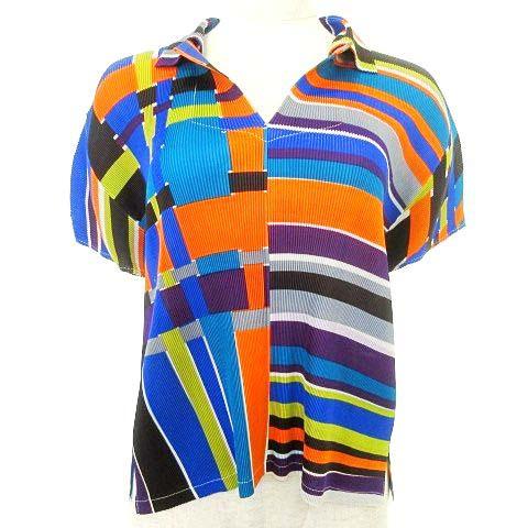 【中古】PLEATS PLEASE イッセイミヤケ 美品 オープンカラー シャツ 半袖 3 マルチカラー PP31-FK763 ■GY09