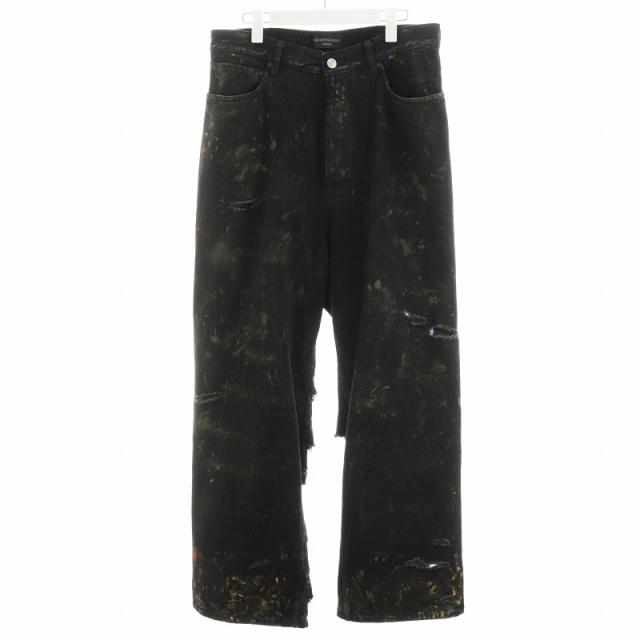 【中古】BALENCIAGA UNISEX スーパーデストロイ加工 バギーデニムパンツ ジーンズ  ボタンフライ ダメージ加工 XS 黒