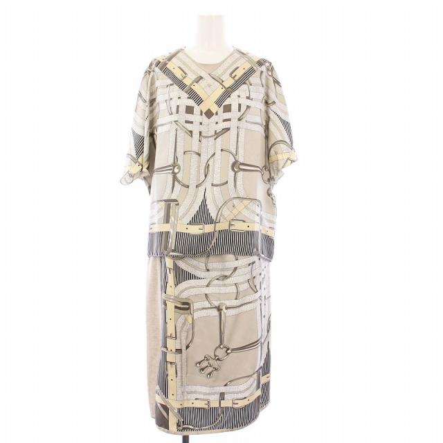 【中古】エルメス HERMES セットアップ ブラウス カットソー 半袖 タイトスカート ひざ丈 シルク 38 ベージュ