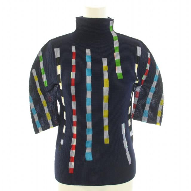 【中古】ミーイッセイミヤケ カットソー ブラウス ハイネック 七分袖 ボックスプリーツ 総柄 紺 グレー レディース