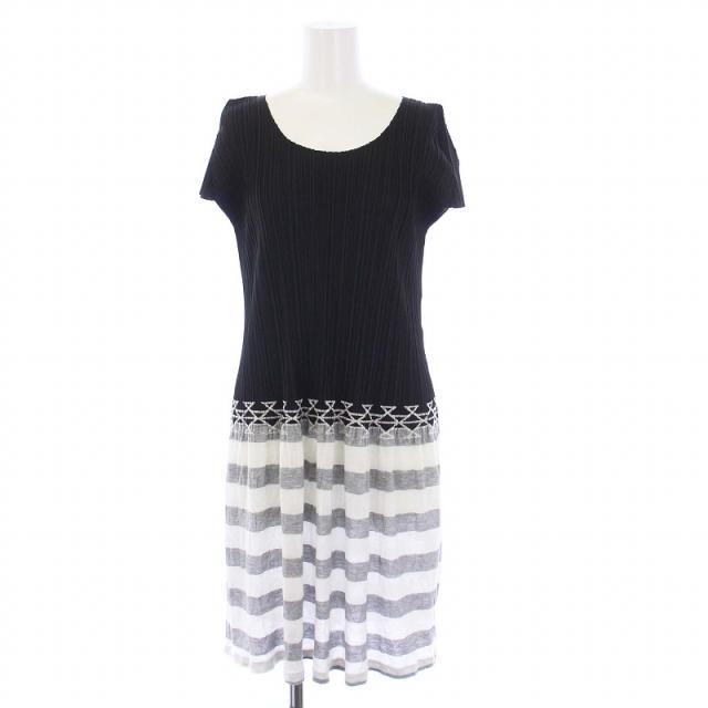 【中古】プリーツプリーズ イッセイミヤケ ワンピース ひざ丈 半袖 ボーダー柄 3 L 黒 ブラック グレー レディース