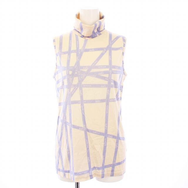 【中古】エルメス HERMES ノースリーブカットソー タートルネック ボルデュック リボン柄 M ベージュ /KH レディース