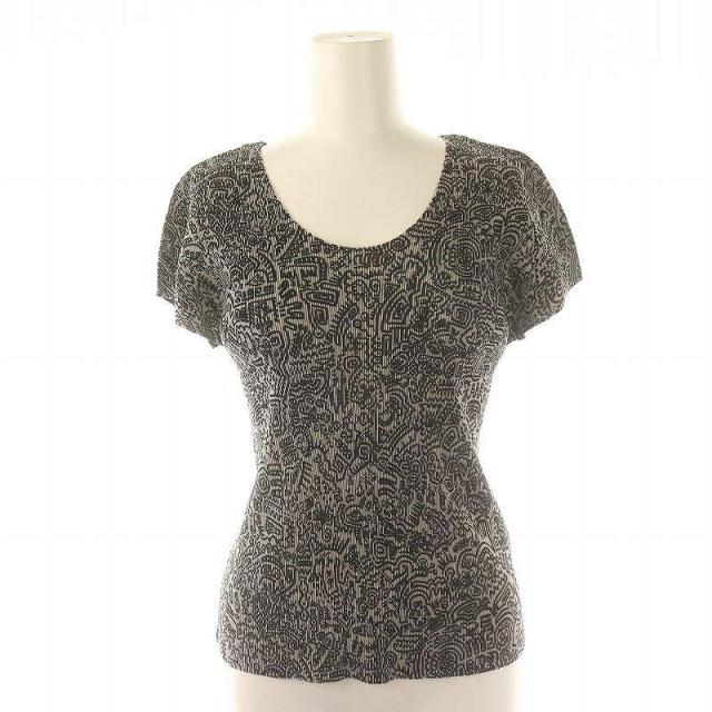 【中古】プリーツプリーズ 総柄カットソー フレンチスリーブ プリーツ 3 ライトグレー 黒 ブラック /DO ■OS