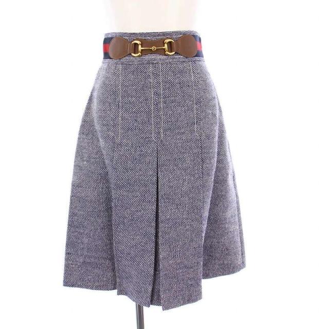 【中古】グッチ GUCCI ホースビットボックスプリーツスカート ひざ丈 シェリーライン ジュート 36 紺 白 643509 Z8AM0
