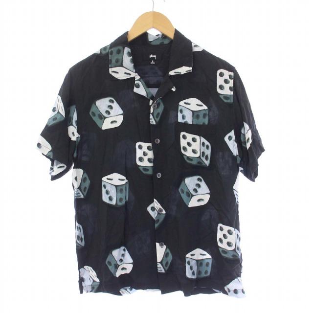 【中古】ステューシー STUSSY DICE PATTERN S/S SHIRT アロハシャツ オープンカラー 半袖 総柄 S 黒 ブラック 1110215