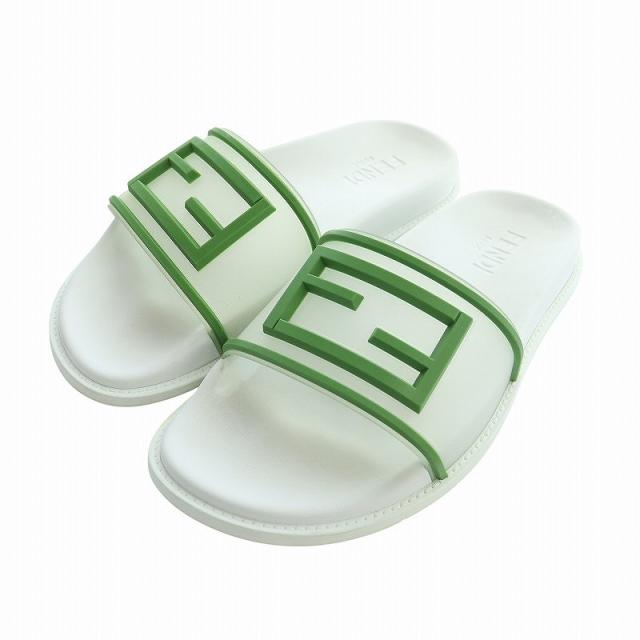 【中古】フェンディ FENDI スライドサンダル フラット ロゴ 6 25cm 白 ホワイト 緑 グリーン 7X1522 ■GY19
