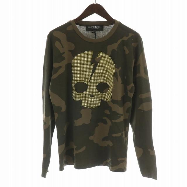 【中古】未使用品 HYDROGEN Tシャツ カットソー 長袖 ロンT スカル ドクロ カモフラ 迷彩 タグ付き S カーキ ブラウン