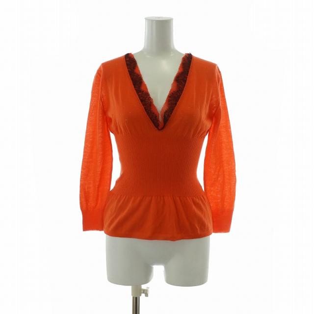 【中古】プラダ PRADA ニット カットソー ウール 長袖 Vネック レース 40 M オレンジ /XZ ■GY19 レディース