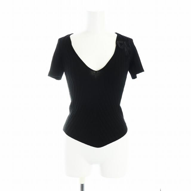 【中古】ルイヴィトン LOUIS VUITTON ニット カットソー 半袖 Vネック リブ編み リボン S 黒 ブラック