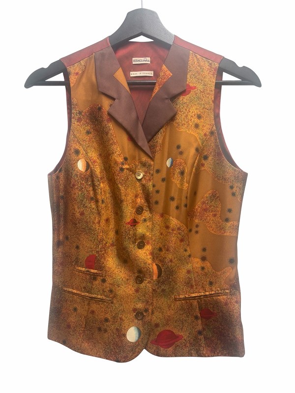 【中古】エルメス HERMES ベスト ジレ 絹 シルク 総柄 36 茶 ブラウン ☆AA★ レディース