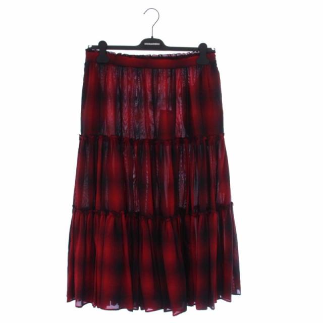 【中古】未使用品 ディースクエアード DSQUARED2 ロングフレアスカート ティアード チェック 42 赤 黒 S75MA0825