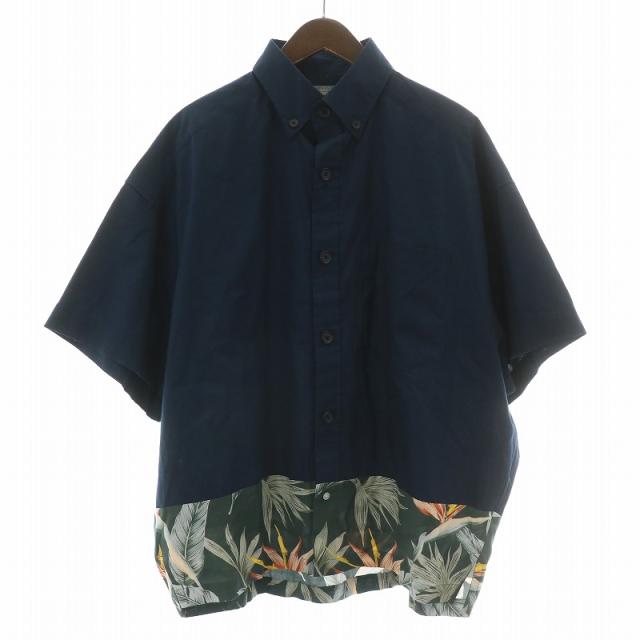 【中古】カラー kolor BEACON ボタンダウンシャツ アロハ カジュアル 半袖 レギュラーカラー 切替 紺 21SBM-B06143