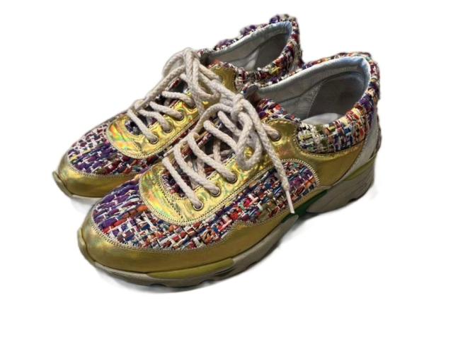 【中古】シャネル CHANEL ツイード メタリック スニーカー 36 黄色 イエロー LG30442  レディース