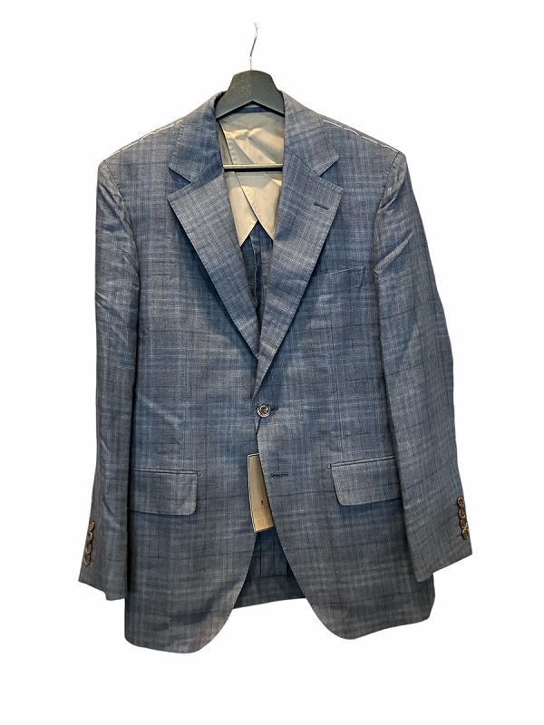 【中古】五大陸 gotairiku タグ付き CROSSPLY テーラードジャケット  背抜き チェック リネン混 36A5 青 BRGOCS0503