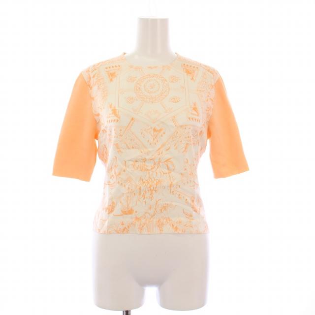 【中古】エルメス HERMES ニット カットソー 半袖 シルク切替 プリント XS サーモンピンク /KH レディース