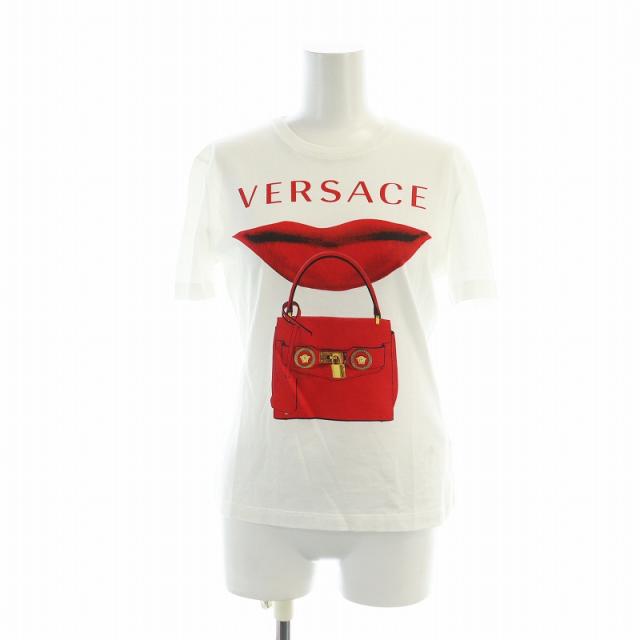 【中古】ヴェルサーチ ヴェルサーチェ VERSACE Tシャツ カットソー 半袖 リップ プリント ロゴ 36 XXS 白