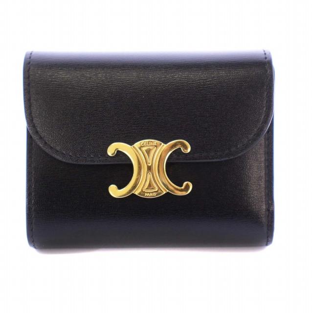 【中古】セリーヌ CELINE トリオンフ 三つ折り財布 レザー ゴールド金具 ブラック /KH ■OH レディース