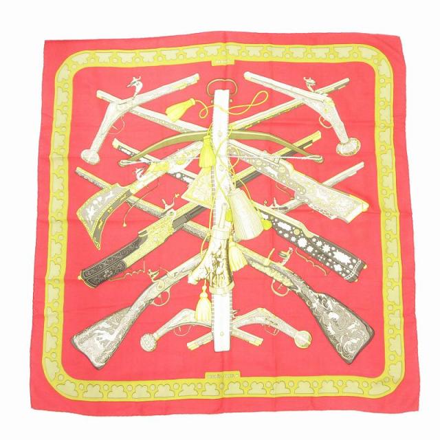 【中古】エルメス HERMES 美品 カレ90 DAIANE ダイアン 銃 スカーフ 総柄 大判 赤 レッド 黄 イエロー /AE